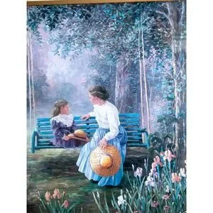 Art | Vintage Framed Victorian Garden Scene Print Woman Child Swing ...